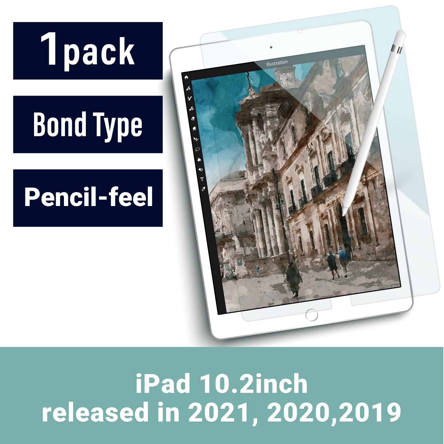 ELECOM Pencil Feel Screen Protector, Easy-Install, Bond type, Japan Made, iPad 7 8 (10.2", 2020,2019) Drawing/Notetaking/Anti-glare, Apple Pencil Compatible(TB-APB102-W)