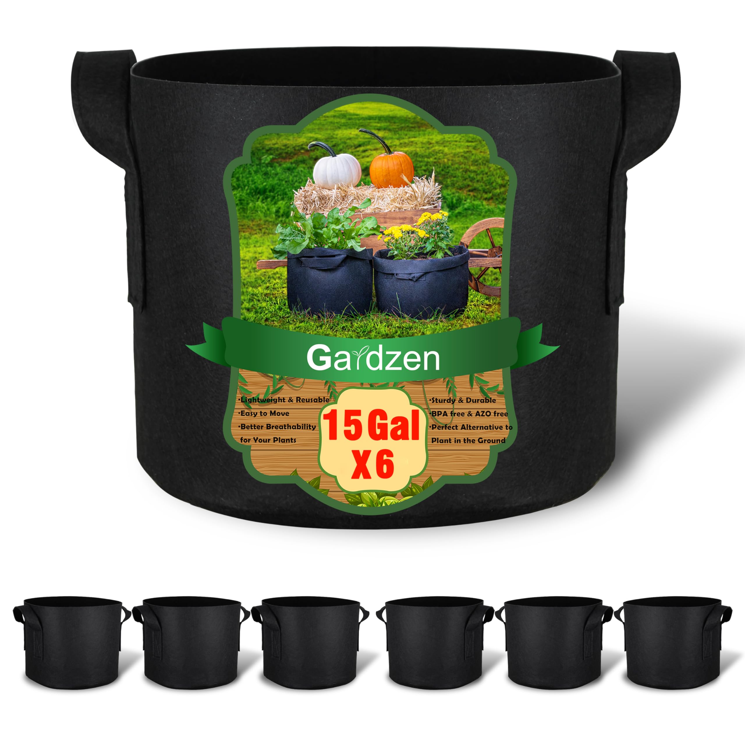 Gardzen 6-Pack 15 Gallon Grow Bags, Aeration Fabric Pots with Handles, Heavy Duty Cloth Pots for Plants
