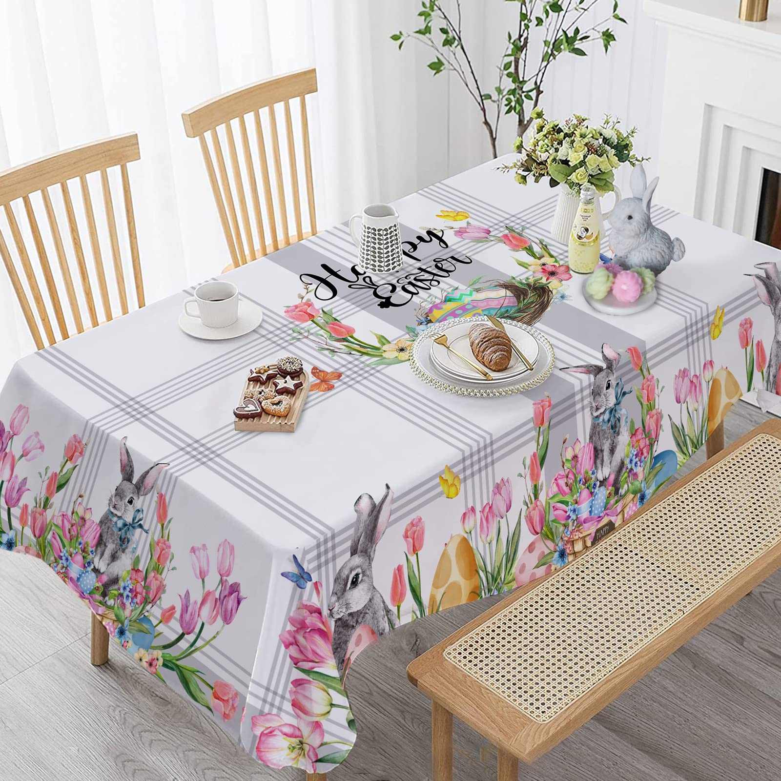 Hexagram Round Easter Tablecloth 70 Inch, Easter Table Cloth,Spring Holiday Kitchen Easter Decorations for Table, Party