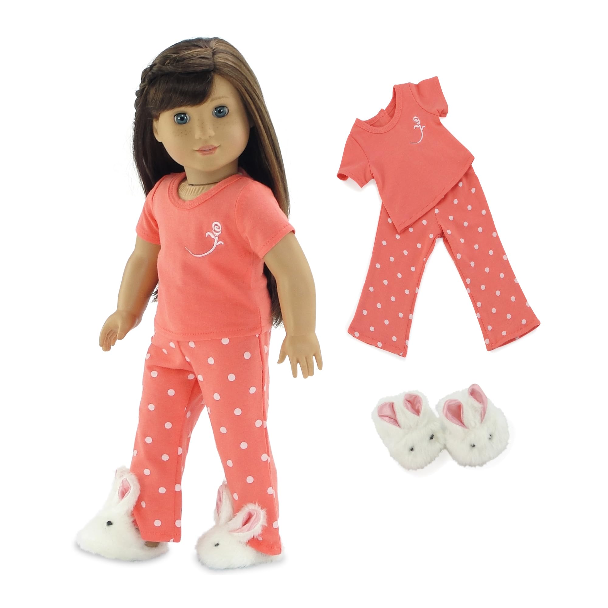 Emily Rose 18 Inch Doll Coral Polka Dot Pajamas PJs Gift Set, with 18" Doll Easter Bunny Slippers! | Gift Boxed! | Compatible with 18-in American Girl and Similar Dolls
