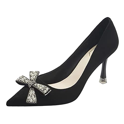 FASDNENDYS Women's Shoes Fashion Solid Color Suede Pearl Bow Pointed Toe Thin Heel Casual Shoes Open Toe High Heel