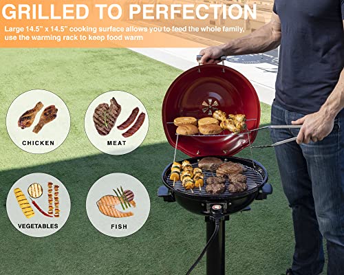 Homewell Electric BBQ Grill for Indoor & Outdoor Grilling with Warming Rack - Portable Patio Grill 1600 Watts (Red)