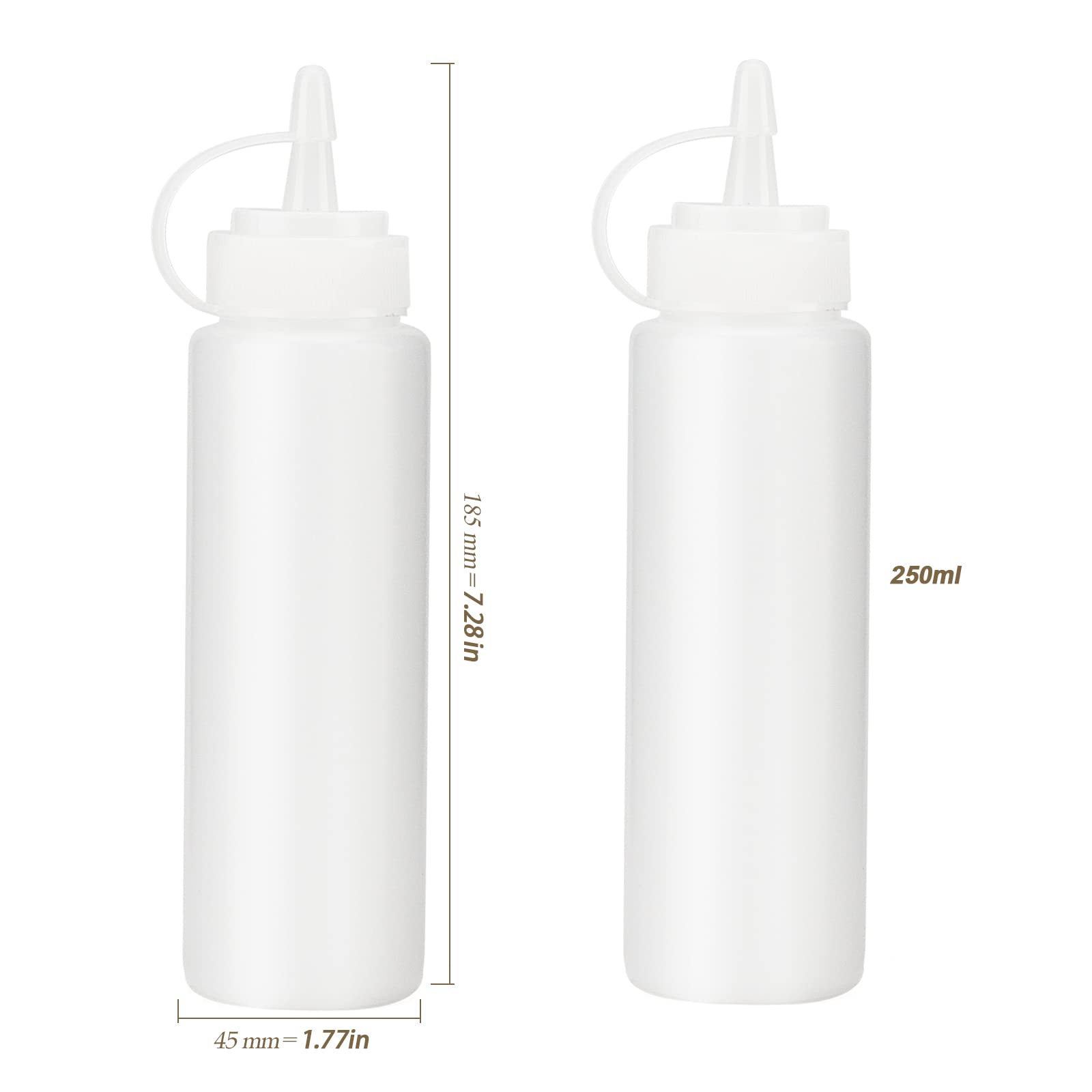 HEIHAK 20 Pack 8 oz Ketchup Squeeze Bottles, 250ml Plastic Condiment Bottles, Barbecue Squirt Bottles with Caps and Marking Labels for Ketchup, Sauces, Dressings, Paints, Crafts, White