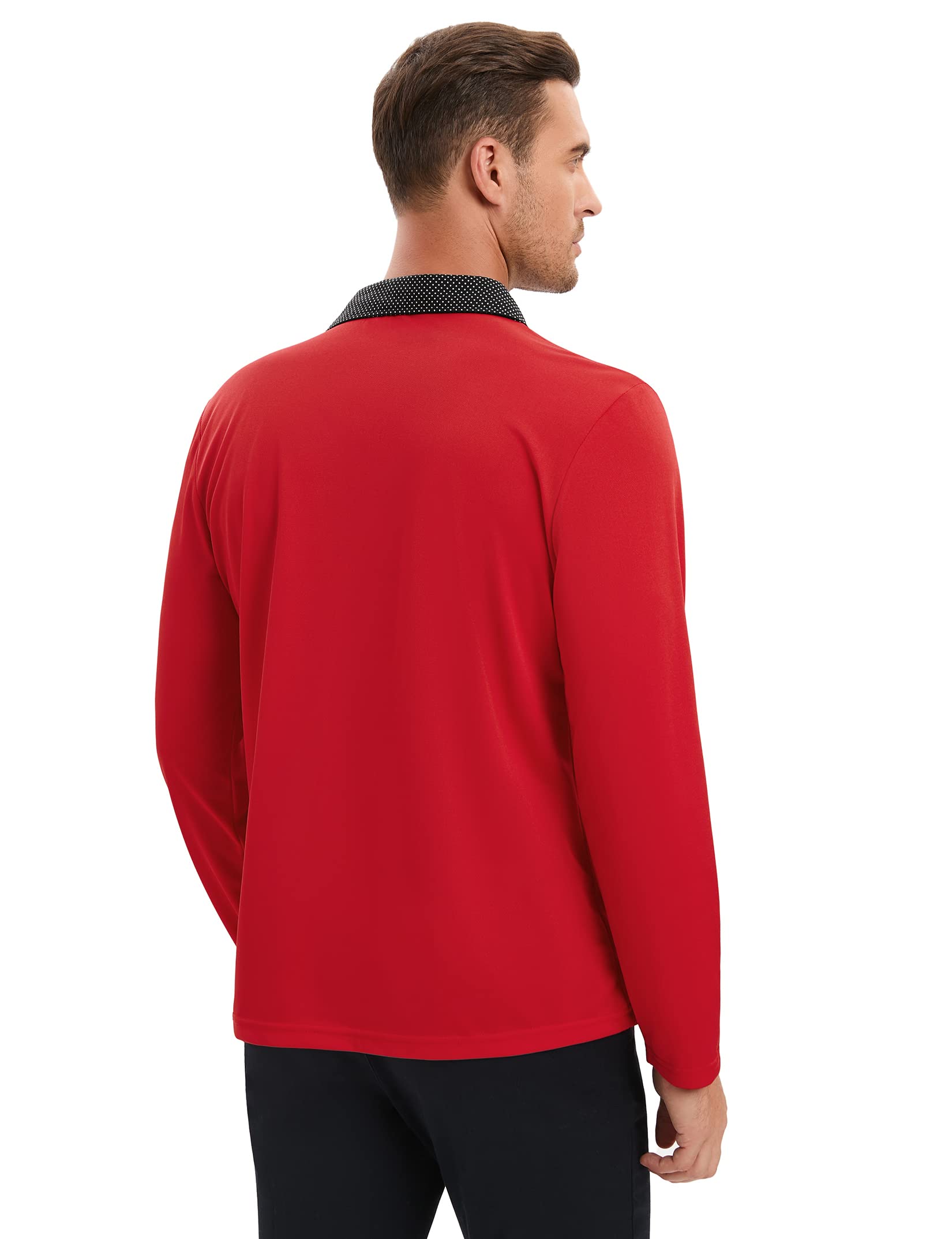 EliteSpirit Mens Long Sleeve Polo Shirts Casual Polka Dot Collared Golf Shirt with Pockets Wine Red S
