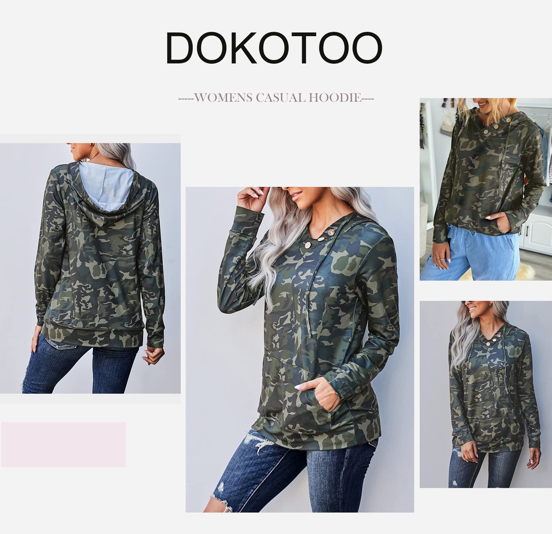 Dokotoo Ladies's Casual Camo Hoodies Long Sleeve Sweatshirt Drawstring V-Neck Pullover Loose Tops Shirts with Kangroo Pocket 2024 Fashion Fall Hooded Sweatshirt Green Large