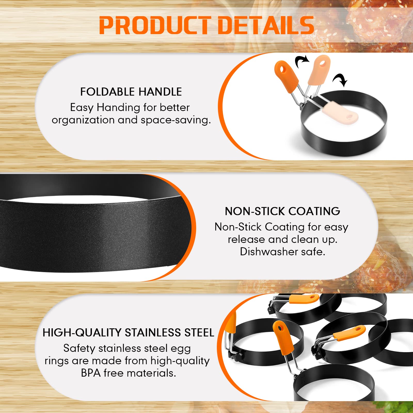 Patelai 4 Pcs Professional Egg Ring Pancake Ring Set Stainless Steel Fried Egg Ring Griddle Pancake Shapers with Orange Silicone Handle for Breakfast Omelette Sandwich (4 Pcs, 4 Inch)