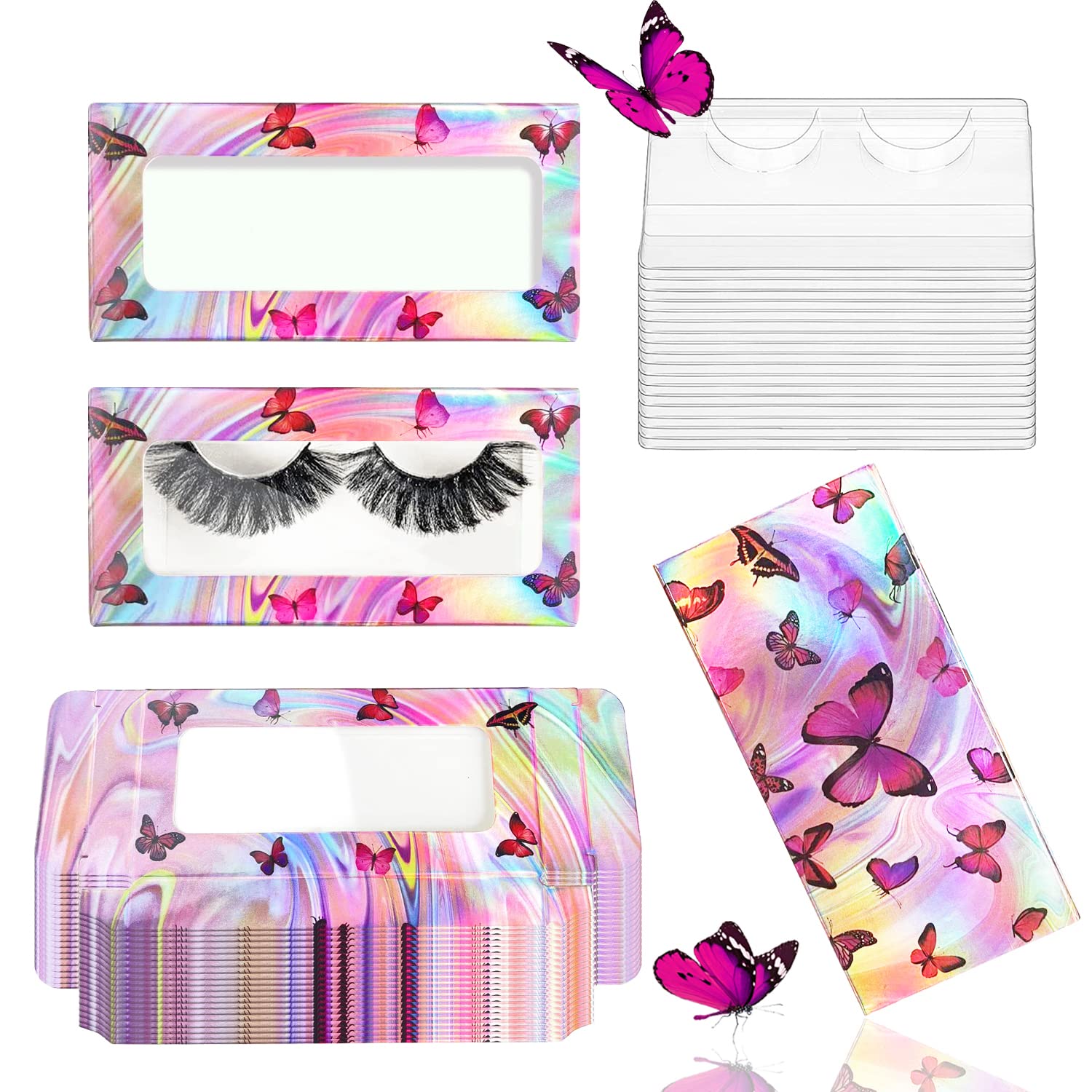 HLQHXWHZT 60 Pieces False Eyelashes Box Empty Lash Packaging Storage Containers 30 Soft Paper Lash Boxes with 30 Tray Colored butterfly Prints Lash Case Holder (pink)