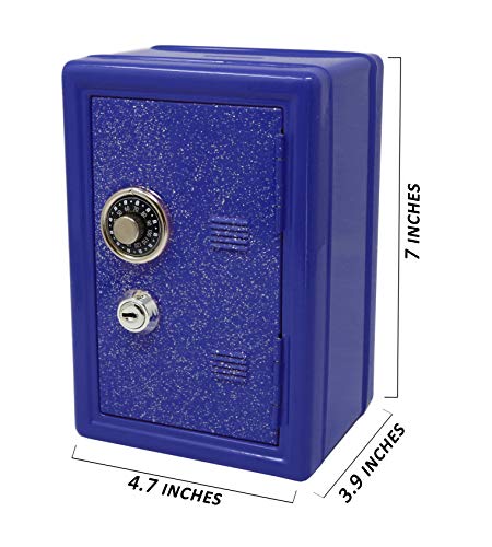 Kids Safe Bank, Made of Metal, with Key and Combination Lock, (Blue)