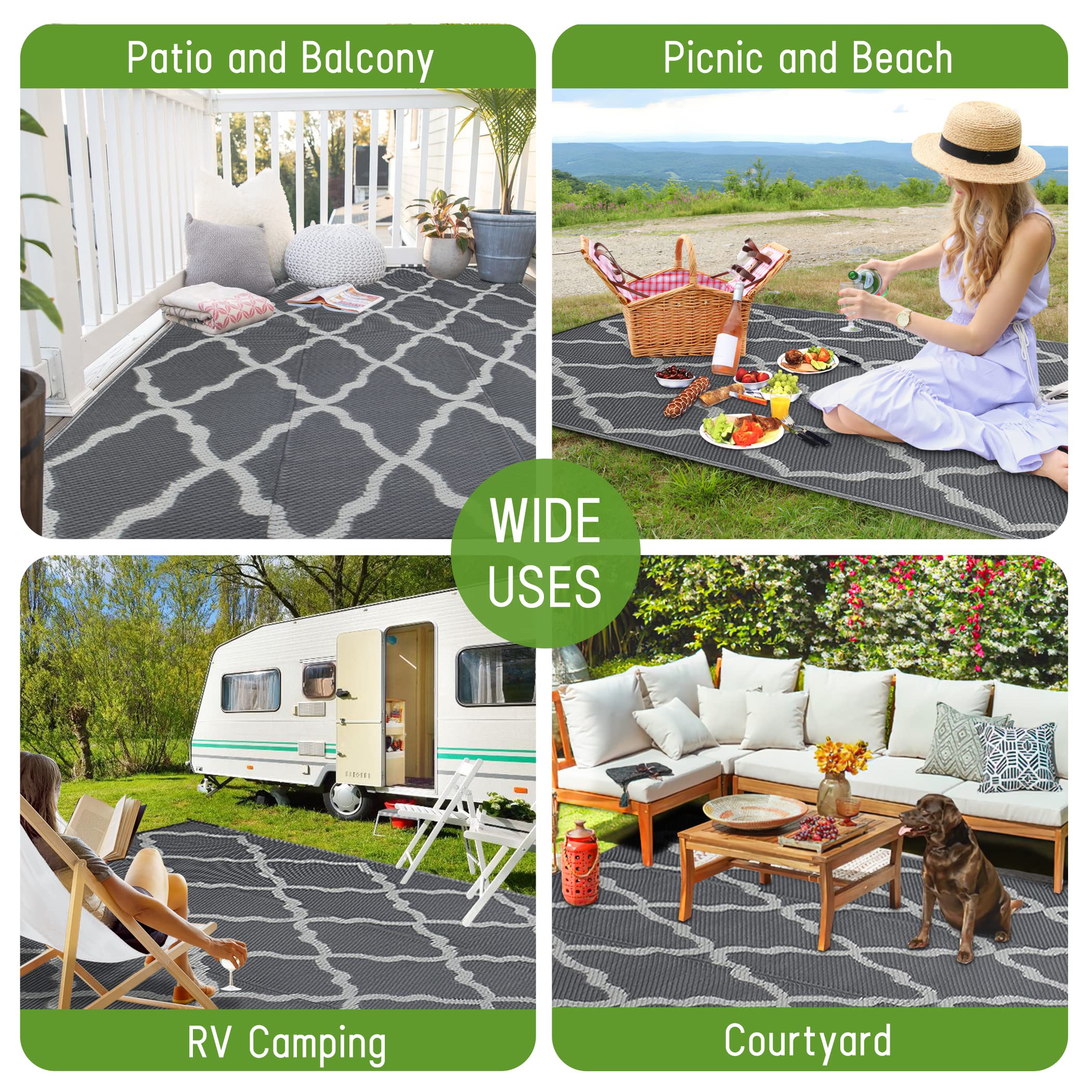 Easy-Going Reversible Outdoor Rugs 6x9ft Waterproof Plastic Straw Rug Stain & UV Resistant Floor Mat for Patio Porch RV Backyard Pool Deck Picnic Beach Trailer Camping (Moroccan Grey & Light Grey)