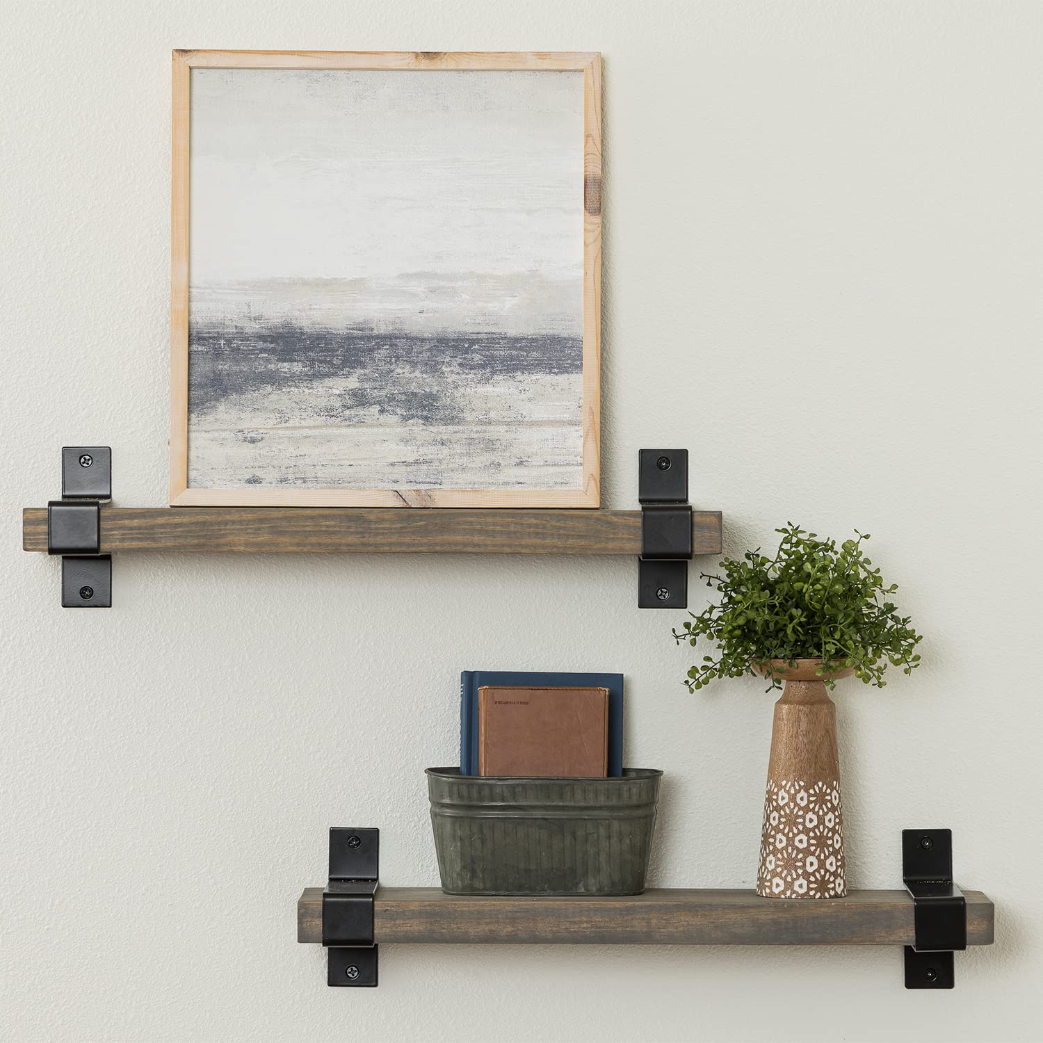 del Hutson Designs 20 Inch Industrial Grace Urban Solid Natural Pine Wood Wall Wrap Bracket Display Floating Utility Shelf Set, Gray (Set of 2)