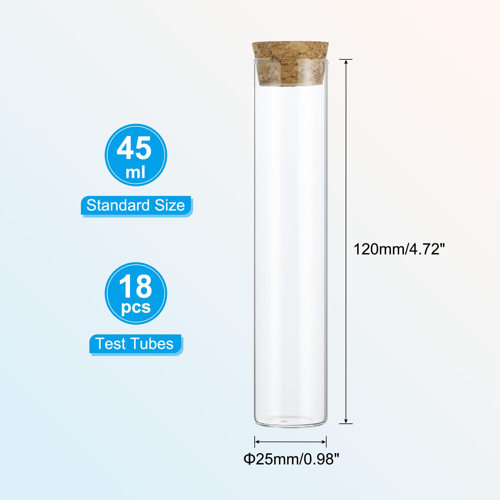 PATIKIL 45ml Test Tubes, 18pcs 4.72x0.98in Glass Clear Flat Bottom Test Tube Containers with Cork Stopper for Bead Party Candy Bath Salt Storage Scientific Experiment Plant Propagation