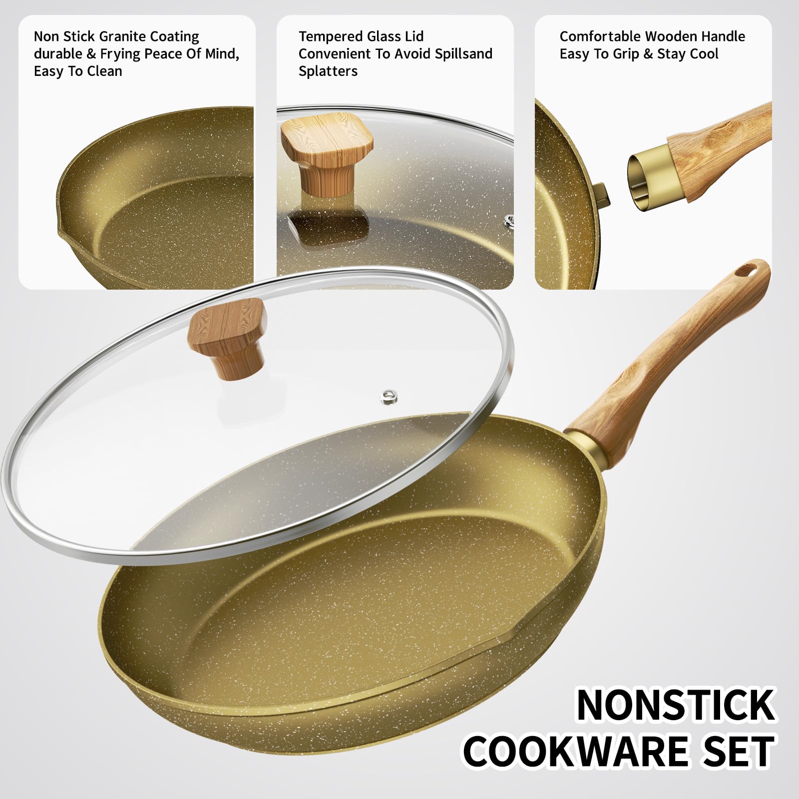 Nonstick Frying Pan Set With Lids,Non Stick Frying Pans Gold Granite Induction Cookware Set,Egg Omelette Skillet Set W/Lid,Healthy Kitchen Cooking Pans,PFOA Free