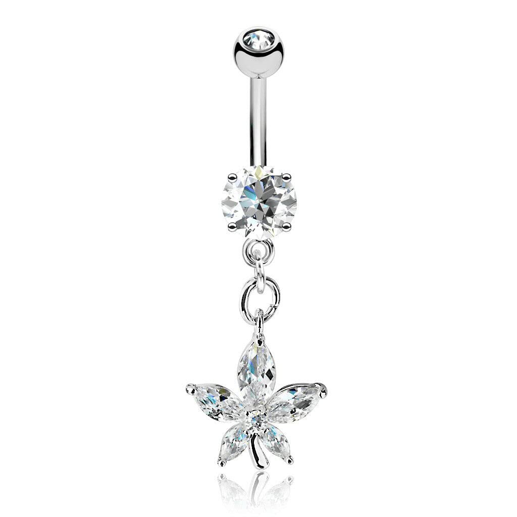 Flower Petal CZ Dangle Belly Button Navel Rings - Clear
