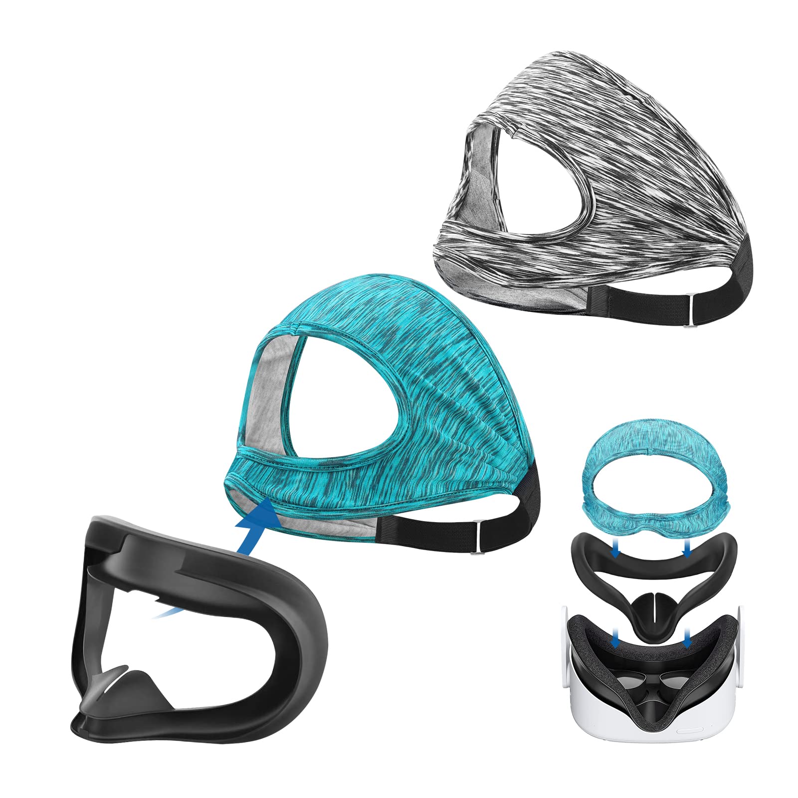 Esimen VR Masks Sweat Band for Oculus Quest 2 Sweat Guard Adjustable Absorbent Facemask and Silicone Face Cover for Meta Quest 2, Breathable, Stretchy, Washable VR Workout Accessories(3Pcs)