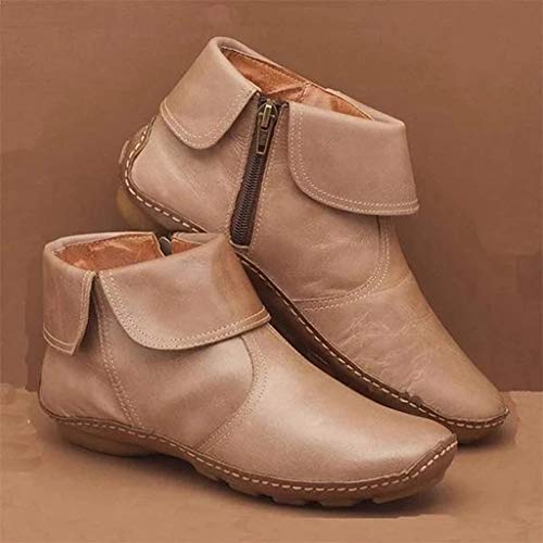FASDNENDYS Zipper Non-Slip Toe Flats Casual Womens Ankle Round Leather Boots Shoes Immobilizing Boot Large Beige