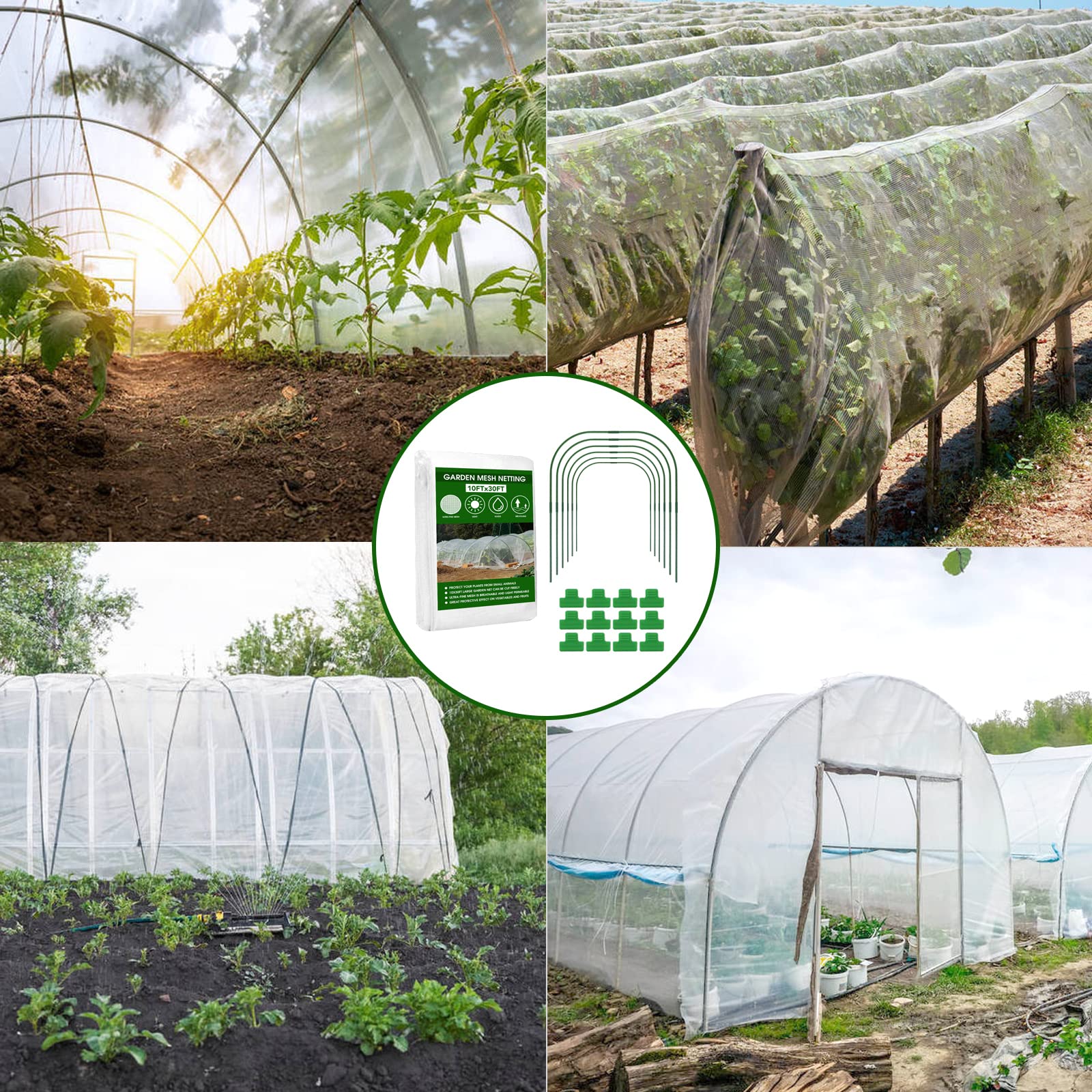 Garden Mesh Netting Kit, Plant Covers 10x30ft Ultra Fine Mesh Netting with 6 Sets Garden Hoops &12 Clips, Bird Netting Protection for Fruit Vegetable Flowers Animals Greenhouse Cover
