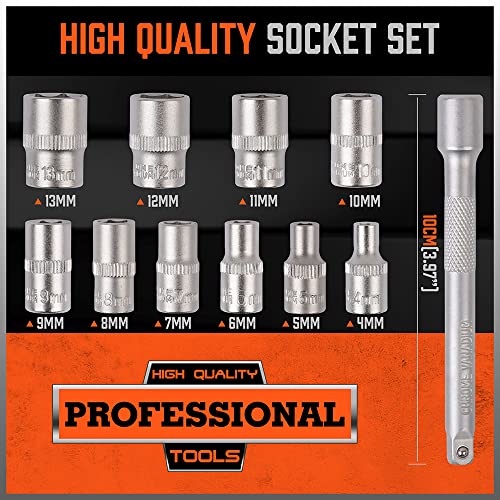 HORUSDY 12-Pieces 1/4β Ratchet Socket Wrench Set, Drive Socket Set, 4mm -13mm Sockets and, Quick Released Ratchet Handle and 10 cm Extension Bar