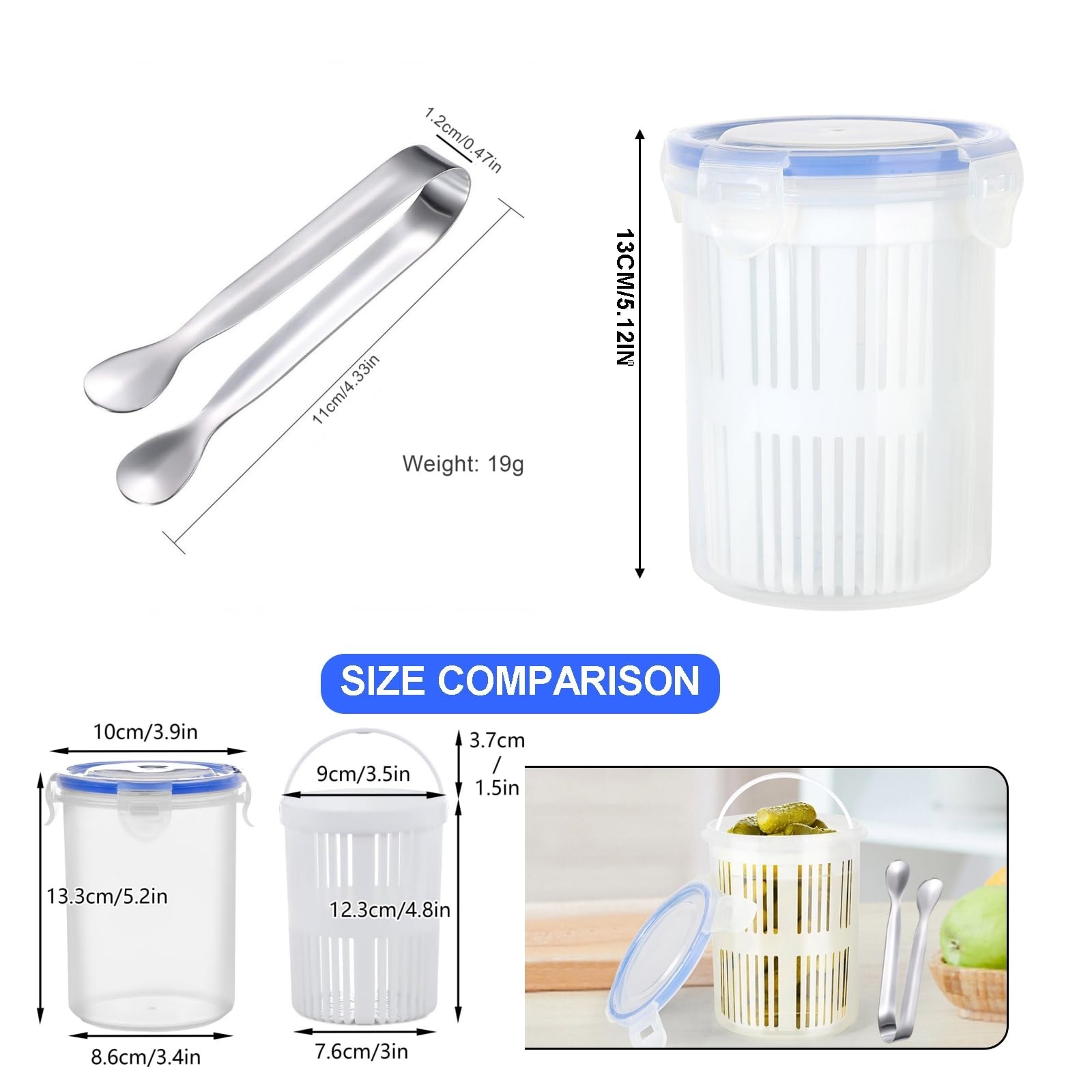 Garhelper 2Pcs Pickle Container Jar with Strainer,Pickle Holder Keeper Lifter with 2 Clips,Pickles Olive LeakProof Juice Separator Sieve Food Saver Storage Container with Leak Proof Lock Lid&Clip for