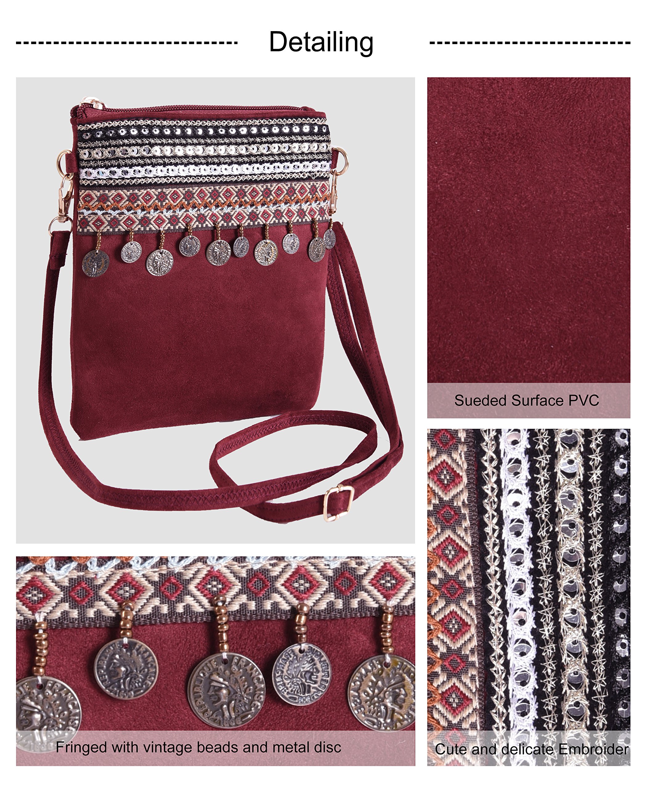 Pulama Vintage Bohemian Crossbody Small Handbag Adorable Ethnic Sling Pouch Claret