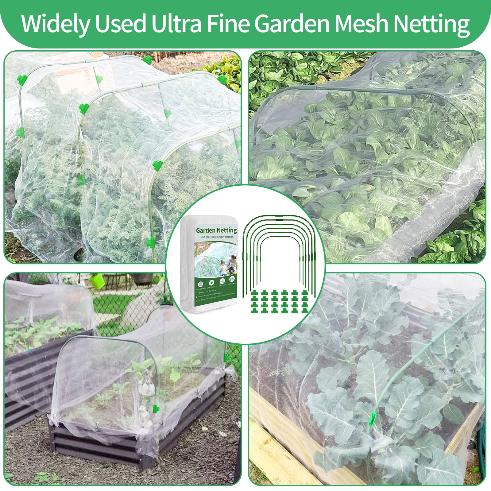 Garden Netting Kit for Raised Beds, 8x20ft Garden Netting Mesh with 6 Sets Garden Hoops (2FT Wide) & 24 Clips, Garden Mesh Netting Kit Row Cover for Plant, Garden Protection, Birds Animals Barrier