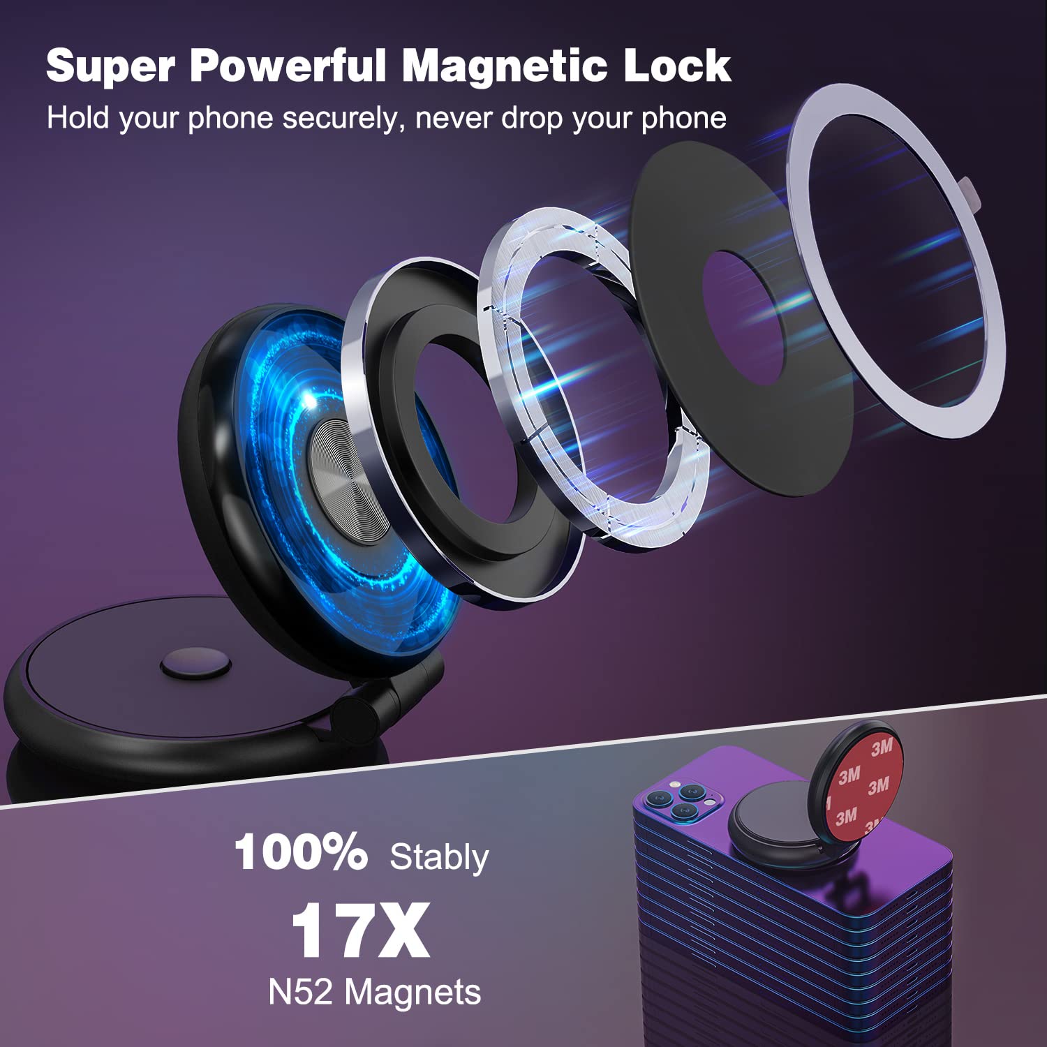 JUBOR Car Phone Holder, Powerful Magnetic car Phone Holder, Foldable and Hidden car Bare Machine Holder for iPhone 14, 13, and 12 Pro Max Plus