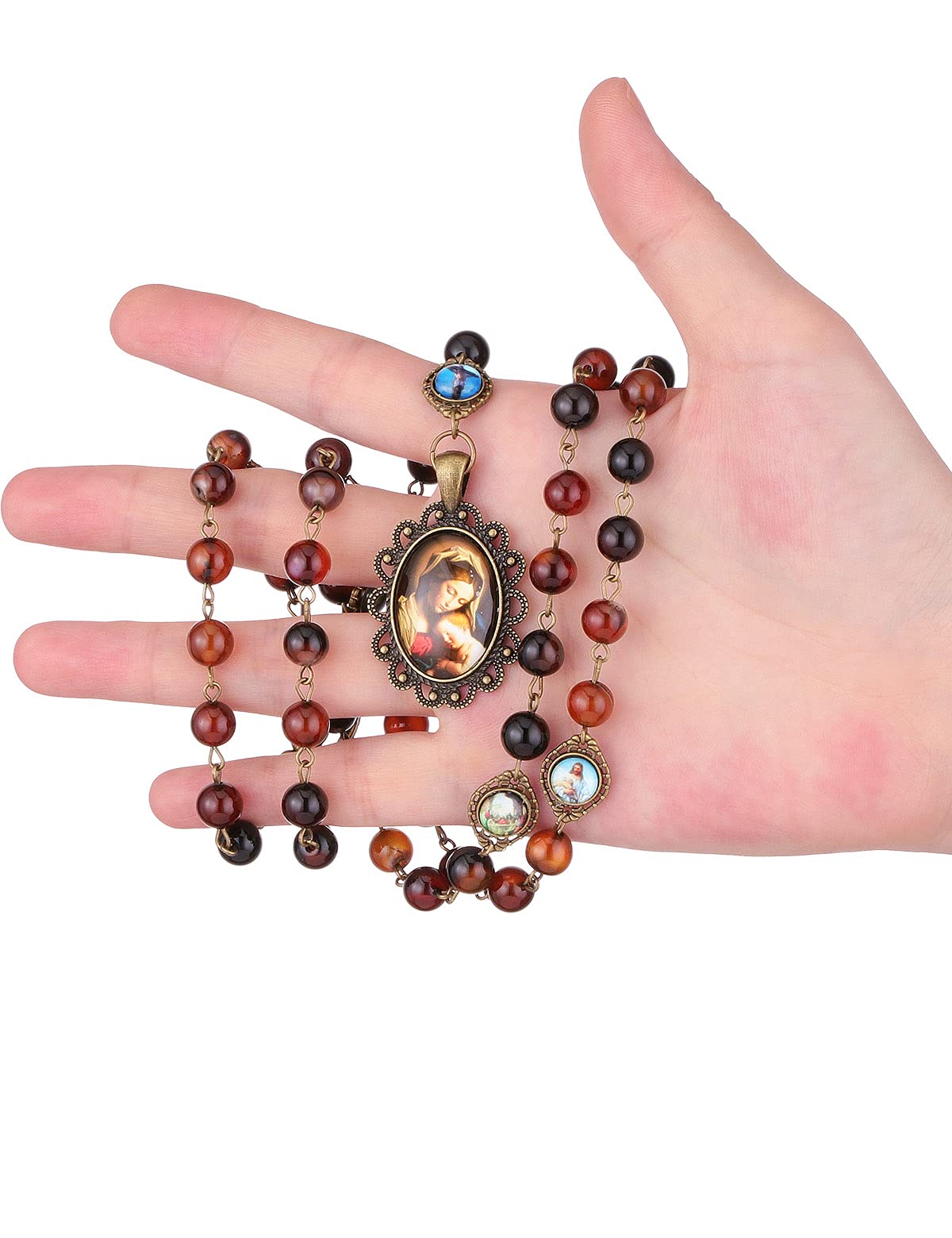 diyalo Servite Rosary of the Seven Sorrows 7 Prayer Beads Chain Religious Holy Blessed Virgin Mary Pendant Y-Necklace (Dark Brown Agate Beads)