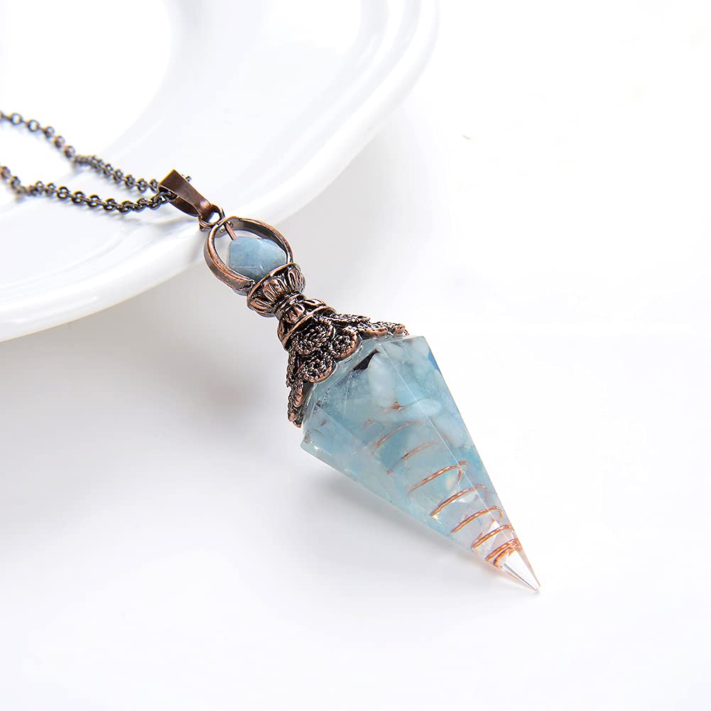 Domika 7 Chakra Healing Crystal Pendulums Necklace Dowsing Divination 6 Facted Hexagonal Pointed Cone Resin Stones Reiki Wicca Spritual Chakra Energy Pendant Necklaces (Aquamarine Stone)