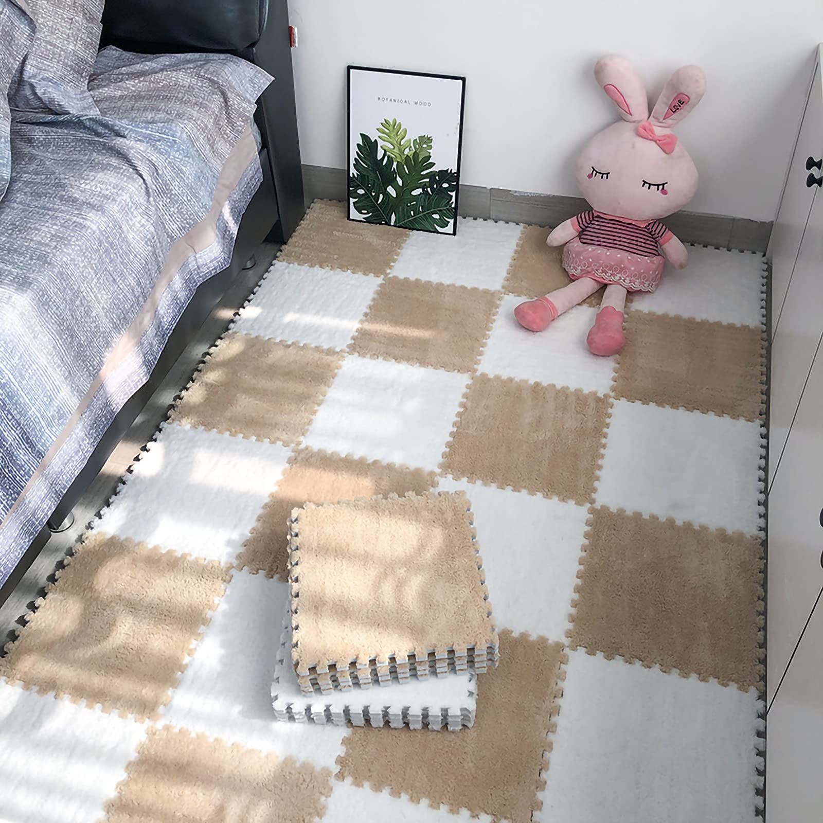 easycustomerlee 12pcs Interlocking Carpet Shaggy Soft EVA Foam Mats Fluffy Rugs Protective Floor Tiles Exercise Play Mats for Children Kids Room Home Parlor Bedroom(Khaki)