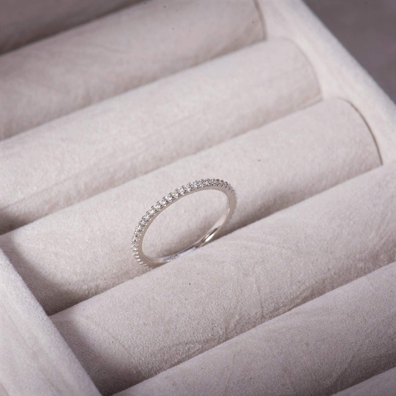 espere 18K Gold Plated Sterling Silver Full Eternity Band | Cubic Zirconia Paved Wedding Band | Thin CZ Stacking Ring (Silver, 4)