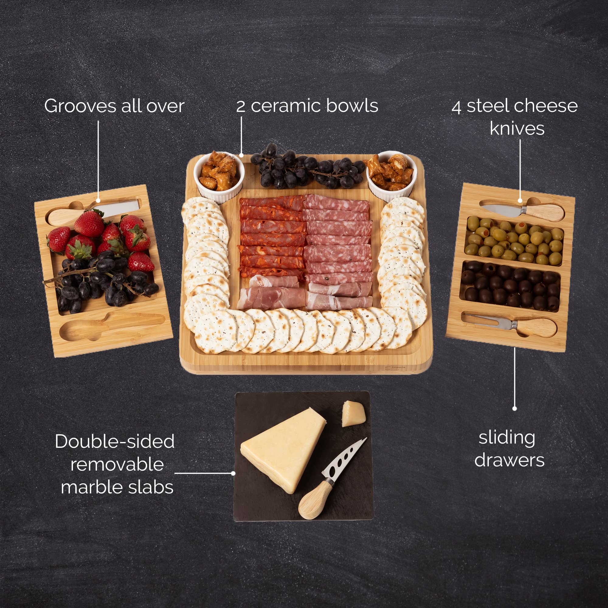 Emporio Logic Cheese Board Set with Ceramic Cups, Marble Slate & Cheese Knife Set β Large Cheese Plates & Platter - Wedding and Housewarming Gifts