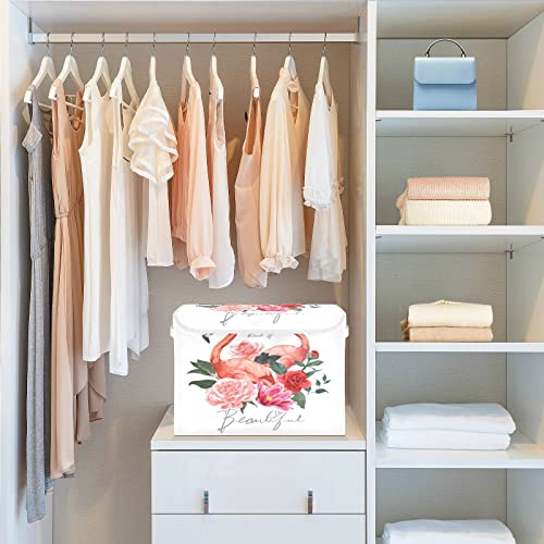 Kigai Flamingos Storage Bins with Lids and Handles 17x13x12 In Foldable Fabric Storage Basket Toys Clothes Organizer for Shelves Closet Home Bedroom Office