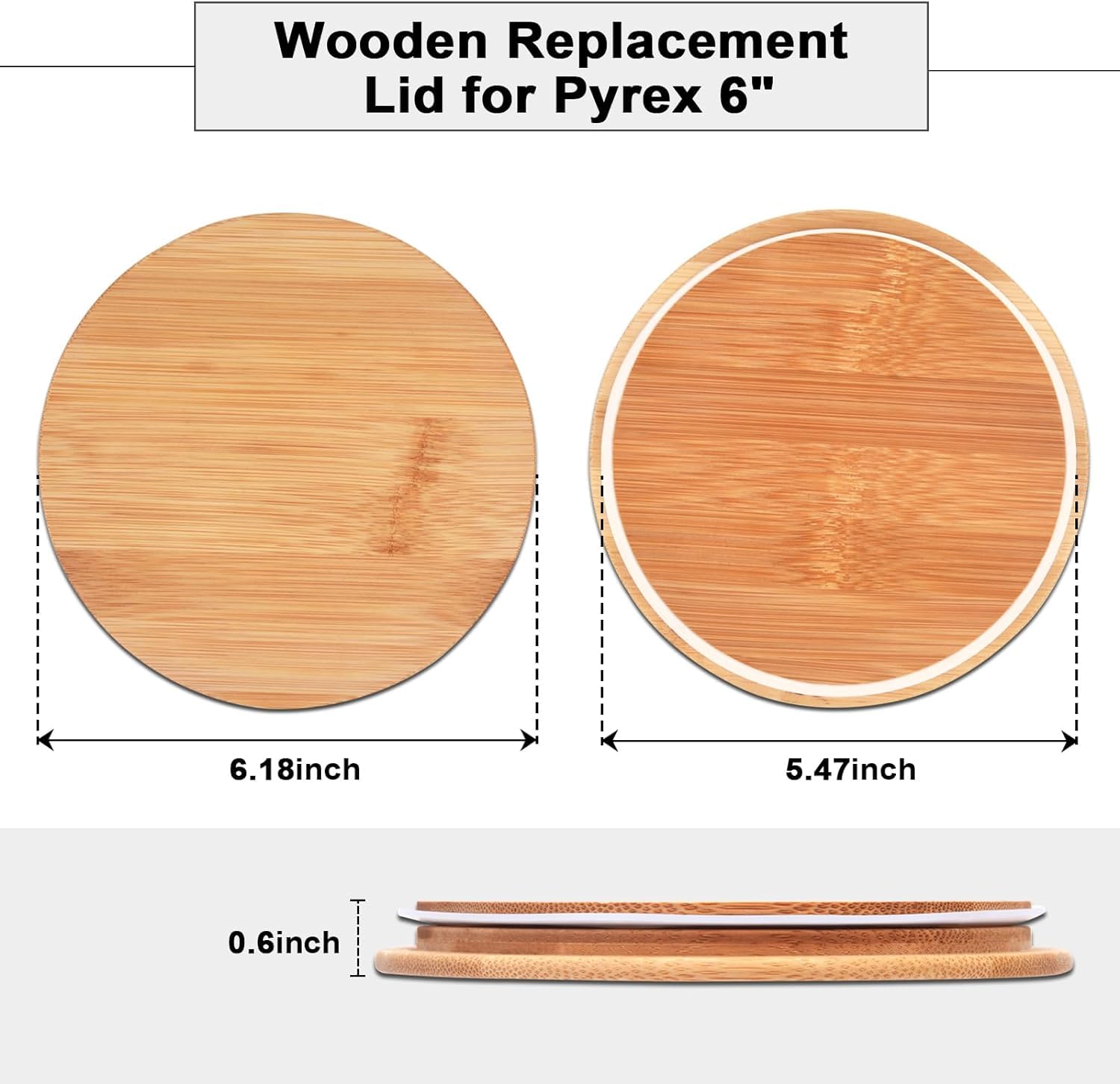KTKT Wooden Replacement Lid Compatible with Pyrex Bowls 4 Cup, 2 Pack 6" Round Storage Covers Compatible with Pyrex Glass Container Reusable Durable Food Storage Lids (Container not Included)
