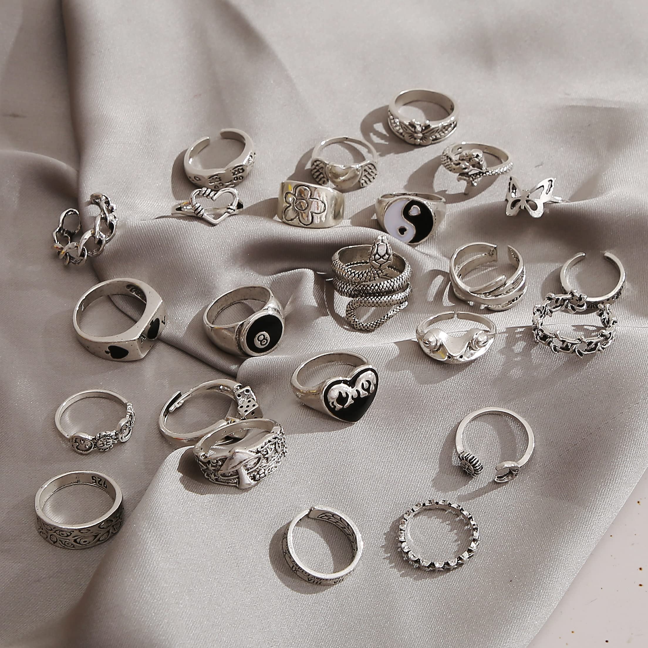 FAXHION Vintage Silver Open Punk Rings for Men Women, 24PCS Adjustable Rings, Chunky Silver Rings, Bulky Rings,Cool Gothic Ring,Statement Stacking Ring, Skull Snake Star Flower Heart Y2K Ring