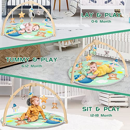 FEISIKE Wooden Baby Activity Gym & Play Mat, Stage-Based Sensory and Motor Skill Development, Thick Non-Slip Design Tummy Time Mat Washable