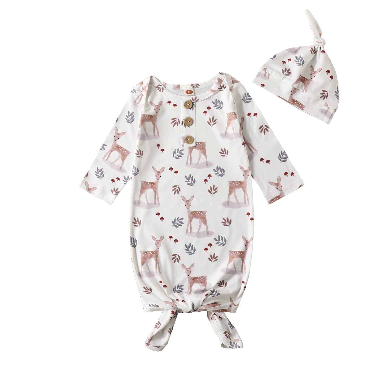 Fuzbavo Newborn Baby Girls Boys Cotton Sleeper Gown Infant Knotted Gown Hat Set White, 0-3 Months