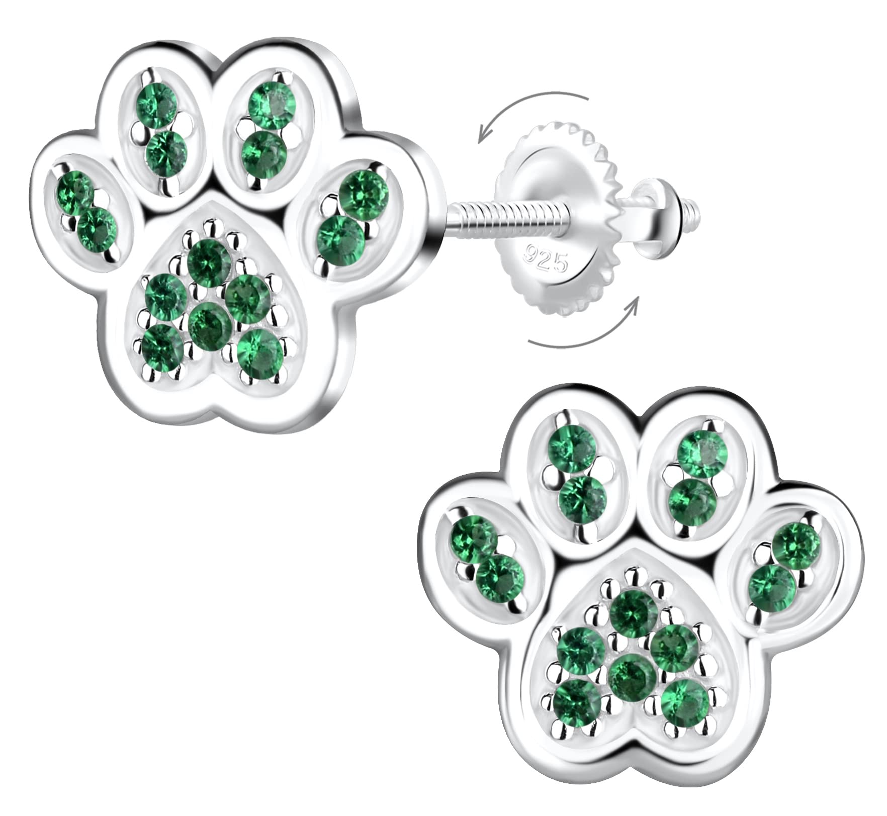 Gemstorm Solid 925 Sterling Silver Cute Paw Print Stud Earrings Screw Back with CZ Crystals Dog Cat Pet Lover (Green)