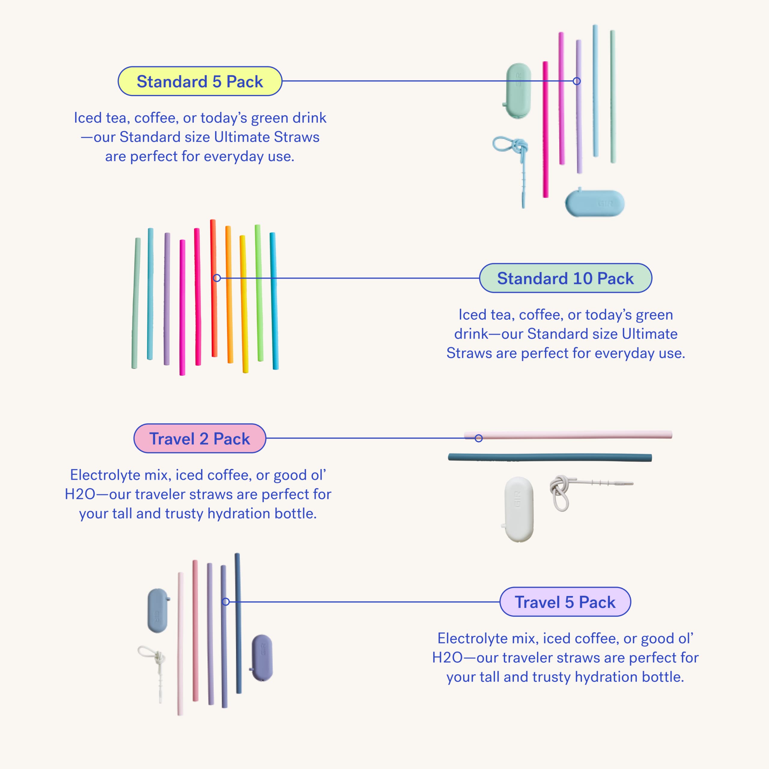 GIR: Get It Right Reusable Glow in the Dark Silicone Straws for Kids with Travel Case and Cleaning Wand, Eco-Friendly Drinking Straws for Hot and Cold Beverages, Rainbow, 10-Pack