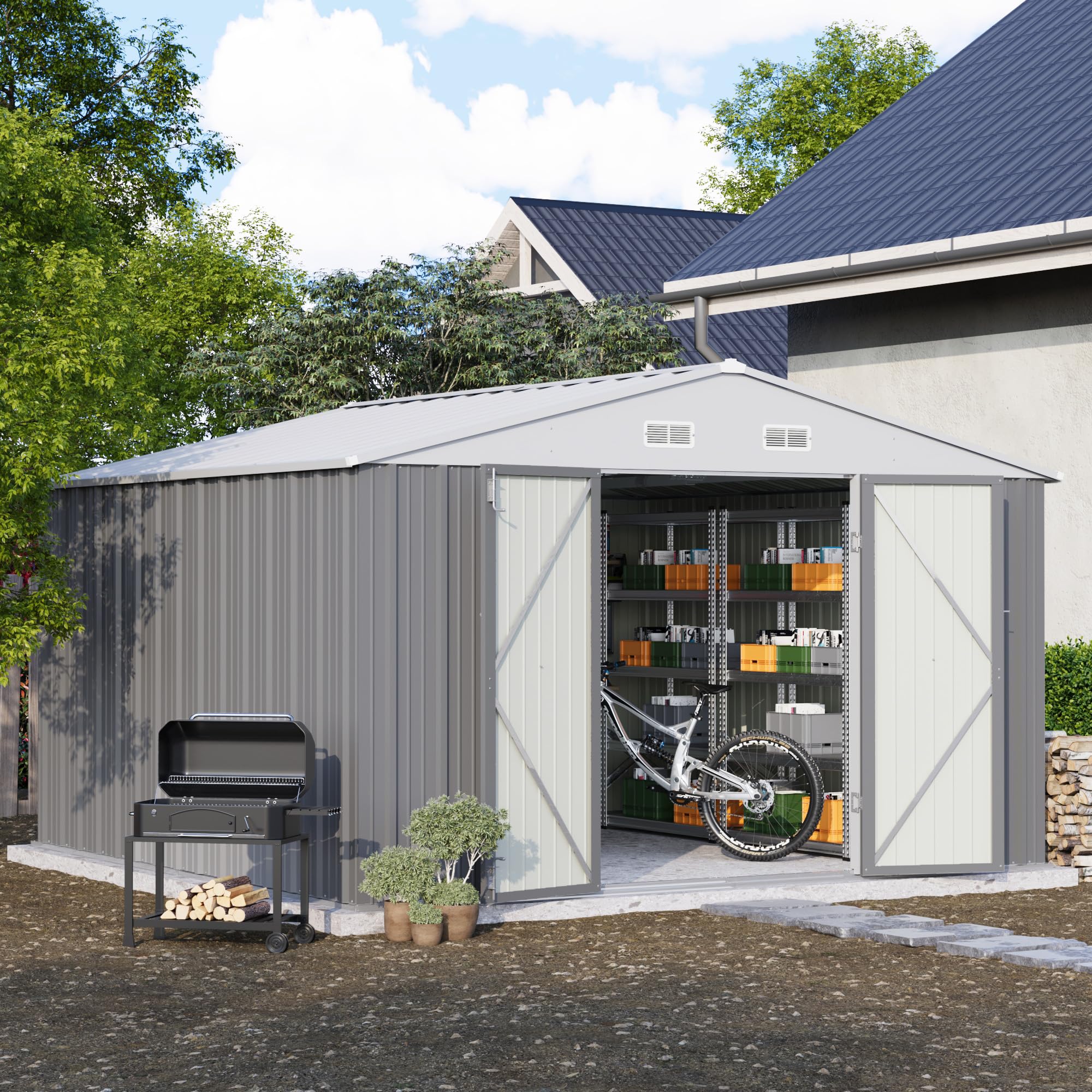 Patiowell 10' x 10' Metal Storage Shed for Outdoor, Steel Yard Shed with Design of Lockable Doors, Utility and Tool Storage for Garden, Backyard, Patio, Outside use, Grey