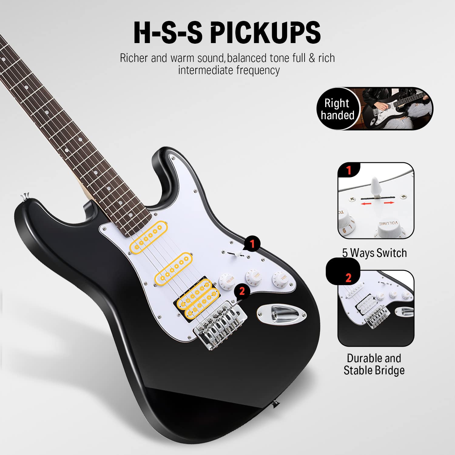 Donner DST-100B 39 Inch Electric Guitar Beginner Kit + Guitar Cable 10 ft Black White