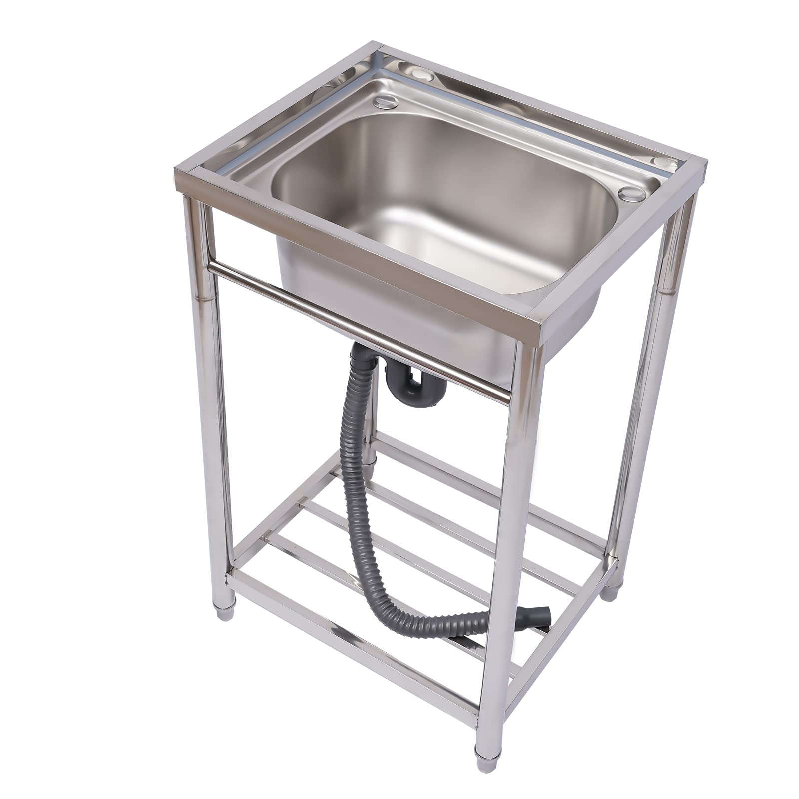 Cutycaty Standing Kitchen Sink, Stainless Steel Single Bowl Basin Sink with Silencing Pad and S-Shaped Water Pipe, Space-saving Catering Washing Bowl for Kitchens Bars Restaurants