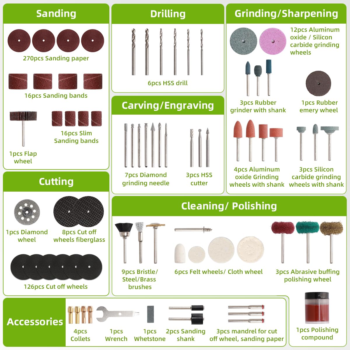 Huepar Tools Rotary Tool Accessories Kit, 510Pcs Accessories Kit,1/8 inch(3.2mm) Diameter Shanks, Universal Accessories for Easy Cutting, Sanding, Grinding, Carving, Polishing, Drilling and Engraving