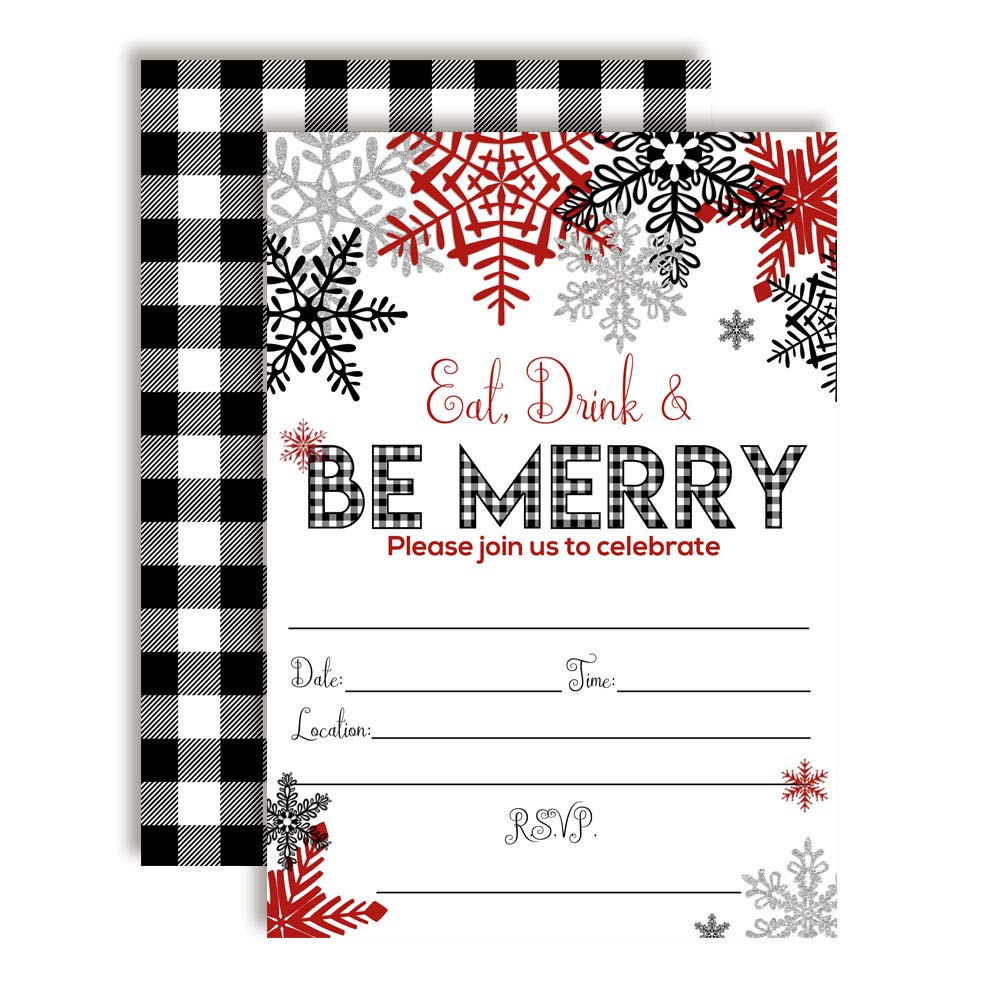 Eat Drink & Be Merry Snowflake Christmas Holiday Party Invitations, 20 5"x7" Fill In Cards with Twenty White Envelopes by AmandaCreation