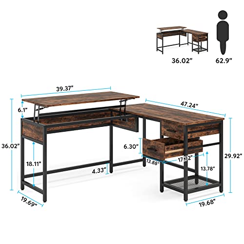 LITTLE TREE L Shaped Desk with Lift Top, Sit to Stand Corner Computer Desk with 2 Drawers, Height Adjustable Standing Desk with Storage Shelf for Home Office, Rustic Brown
