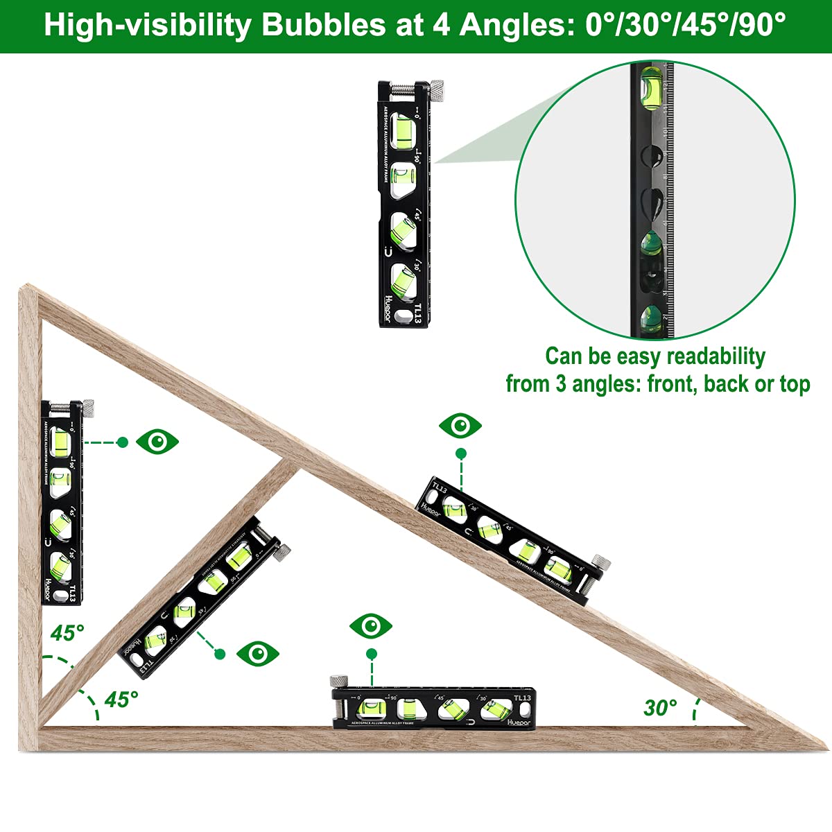 Huepar Torpedo Level, Magnetic Conduit Level with 4 Vials, 6.2 inch Aluminum Alloy Construction Spirit Level with V-Groove and Magnet Track, High Precision Bubble Level, Double Scale, Thumb Screw-TL13