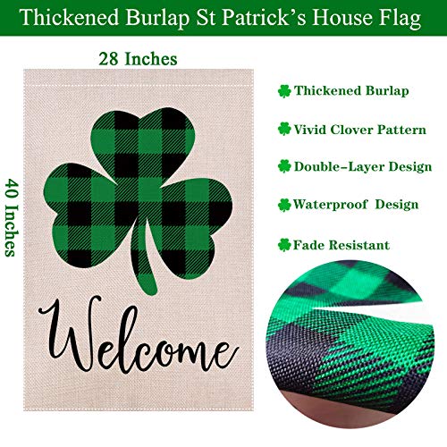 HUGSVIK St Patricks Day House Flags, 28 x 40 Double Sided Saint Patrick's Day Welcome House Flags, Buffalo Plaid Shamrock St Patrick’s Day Decorations Irish Decor for Farmhouse Garden Yard Porch