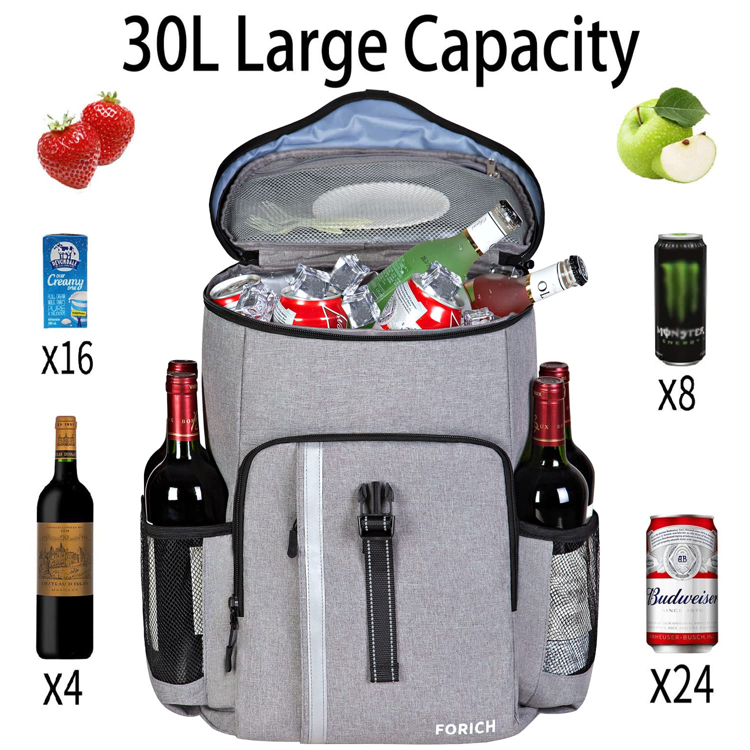 FORICH Backpack Cooler Leakproof Insulated Waterproof Backpack Cooler Bag, Lightweight Soft Beach Cooler Backpack for Men Women to Work Lunch Picnics Camping Hiking, 30 Cans (New - Grey)