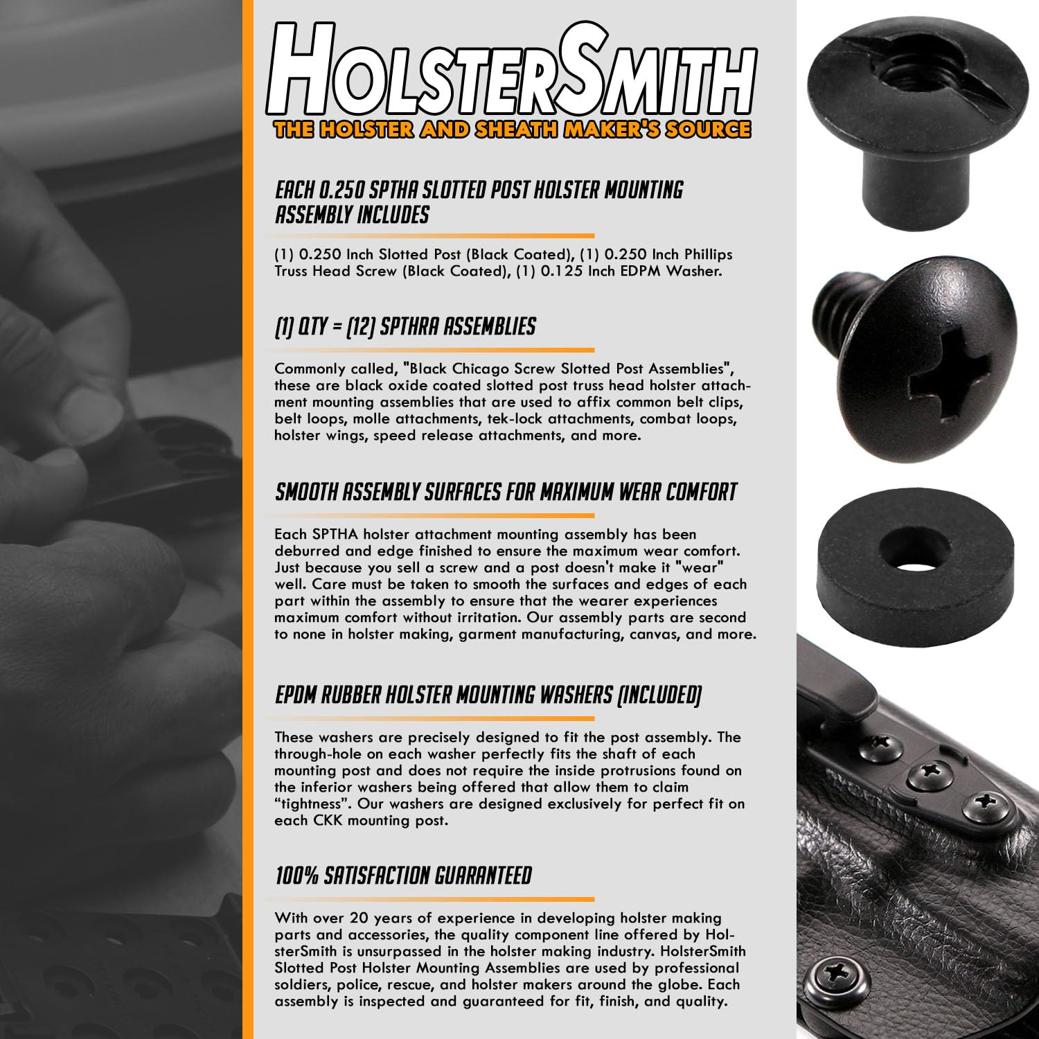HolsterSmith Holster Attachment Mounting Assembly β (12 Pack) - (1/4 Chicago Slotted Binding Post + 1/4 Truss Head Screw + 1/8 EPDM Washer) - for DIY KYDEX Holster Belt Clips & More