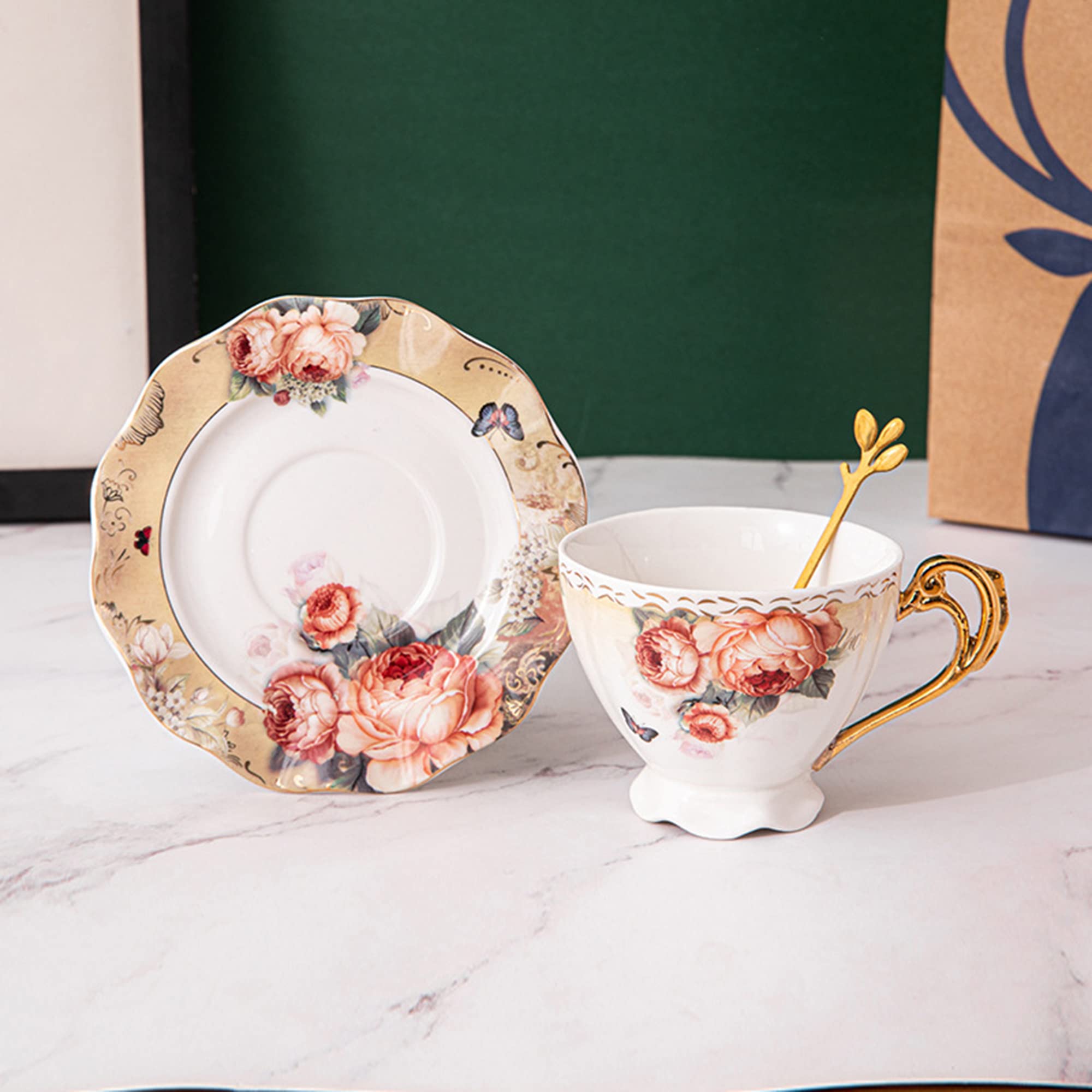 fanquare Orange Flower Tea Cup and Saucer Set, 7oz Porcelain Coffee Cup with Spoon, Pretty Tea Cup Set for Breakfast, Gift, Party