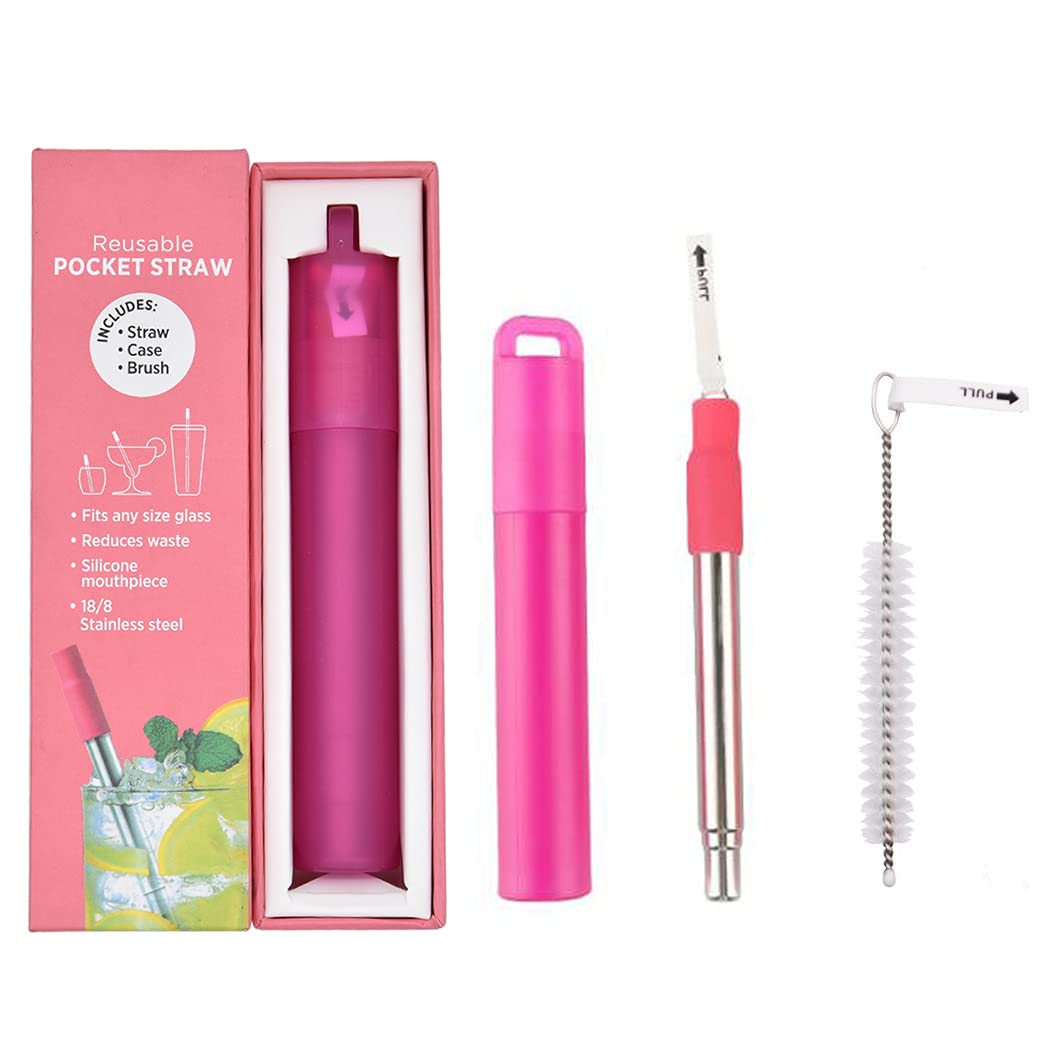 Hoshen Reusable Stainless Steel Telescopic Straw, Portable Straw, With Silicone Nozzle And Cleaning Brush (Original Box), Red,1 Piece