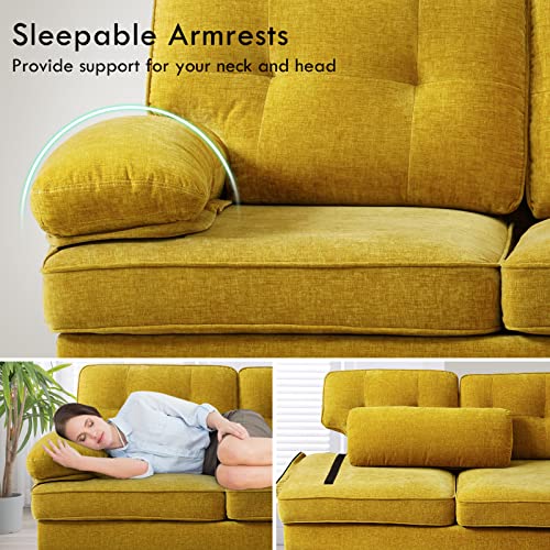 LANELIFE 79" W 3-Seat Sofa, L Shaped Sectional Sofa Bed,with Extra Wide Chaise Lounge and Gold Legs, Chenille Couch for Living Room, Apartment and Small Space (Golden)